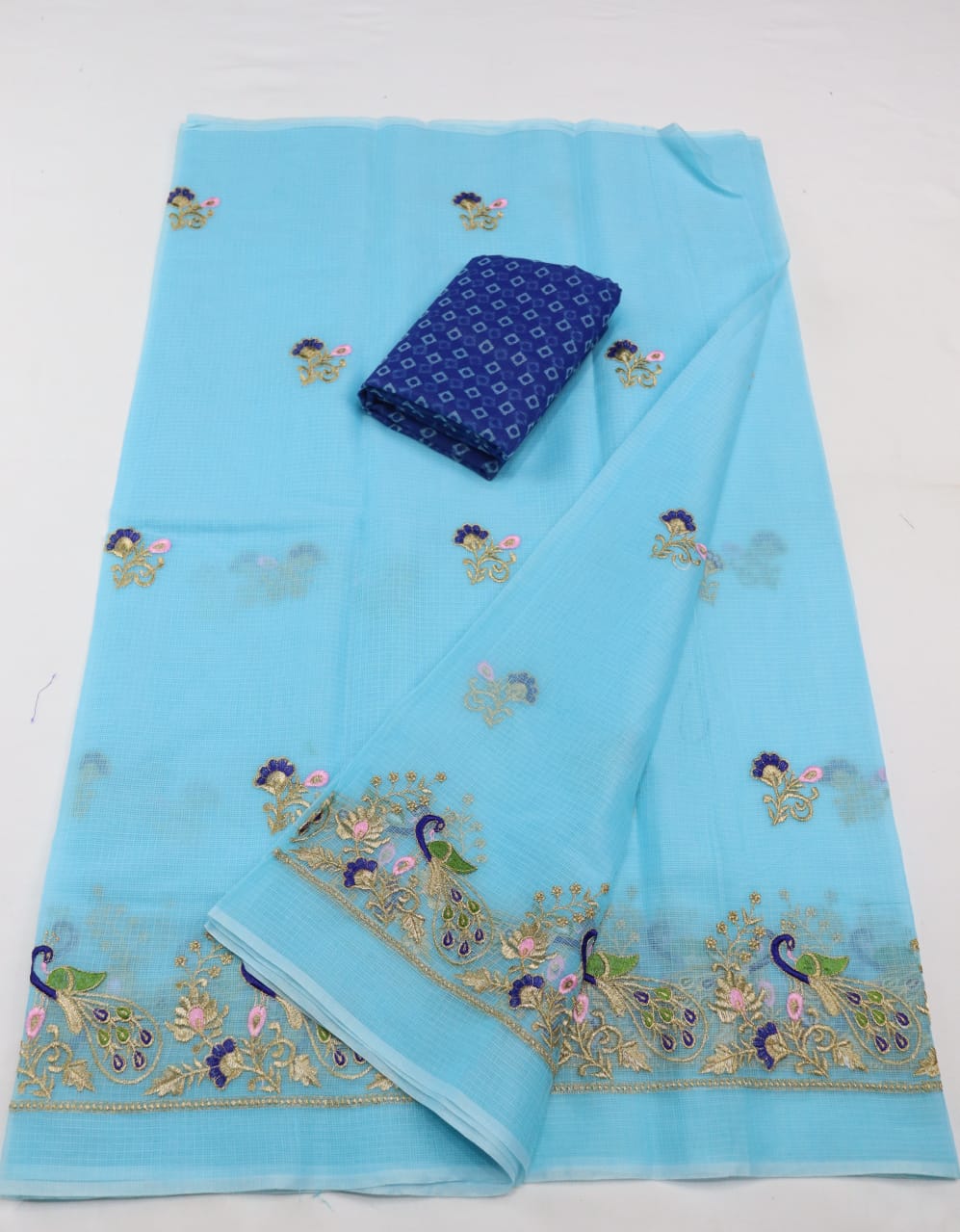 Sky BLue Base Golden Thread Work Embroidery Saree – kotadoriaworld.in
