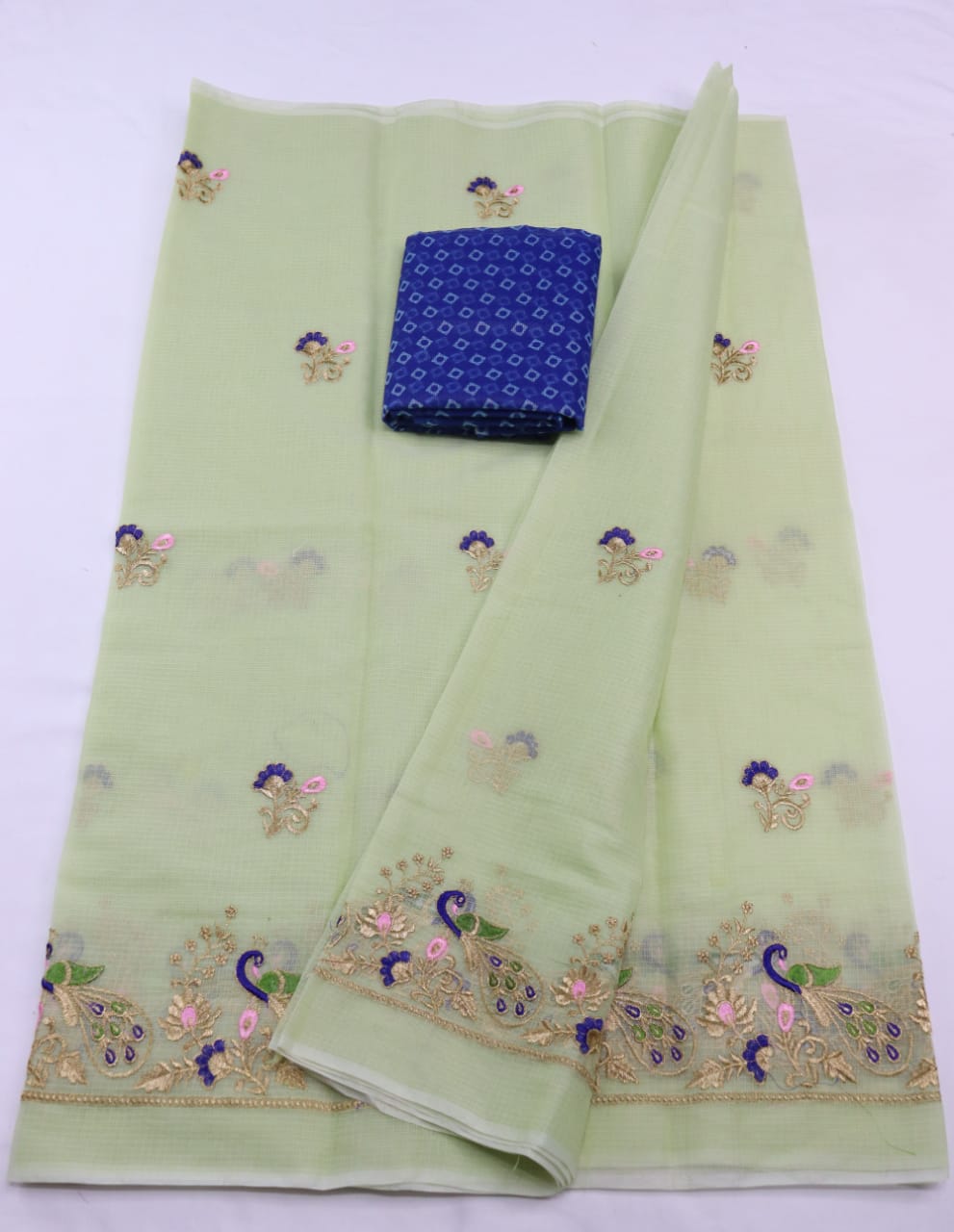 Light Green Base Golden Thread Work Embroidery Saree – kotadoriaworld.in